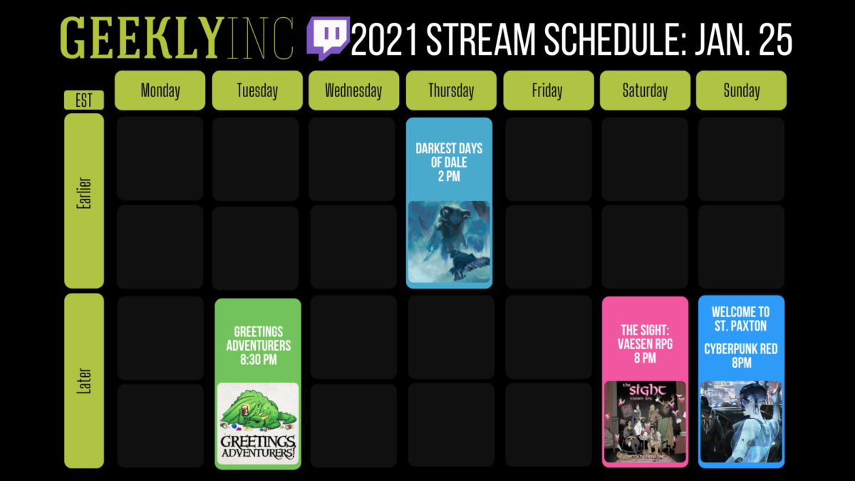 Geekly Twitch Schedule For The Week Of January 25 2021
