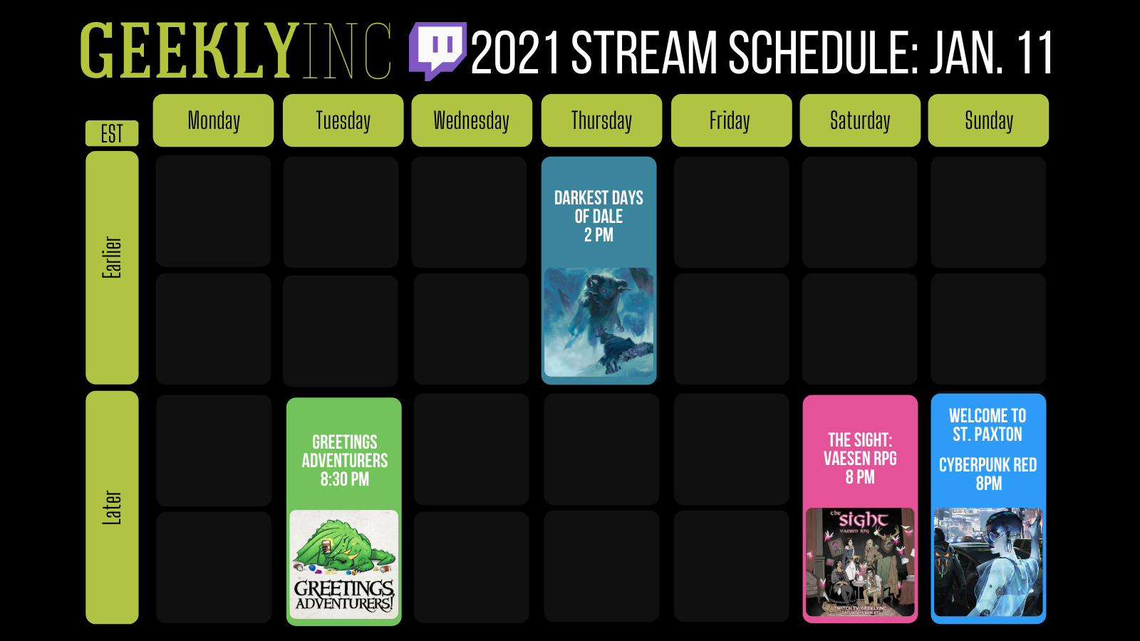 Geekly Twitch Schedule For The Week Of January 11 2021